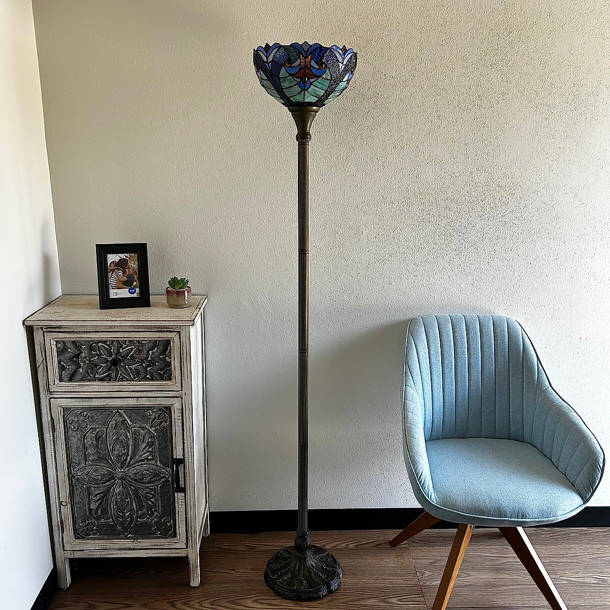 enjoy decor lamps Tiffany Torch Floor Lamp Blue Liaison Stained Glass LED Bulb Included for Living Room Dining Room Bedroom Office Hotel 66" H