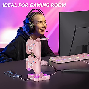 KDD Headphone Stand with Light Modes - Rotatable Pink Game Headset Holder with 3.5mm AUX & 2 USB Port - Suitable for PC Desk Accessories Gamers Gift(Pink)