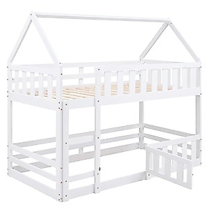 RORIGAT House Low Bunk Bed for Kids,Twin Over Twin Floor Bunk Bed with Fence Railings and Door,Wooden Convertible Playhouse Loft Beds with Ladder for Boys Girls Teens,White