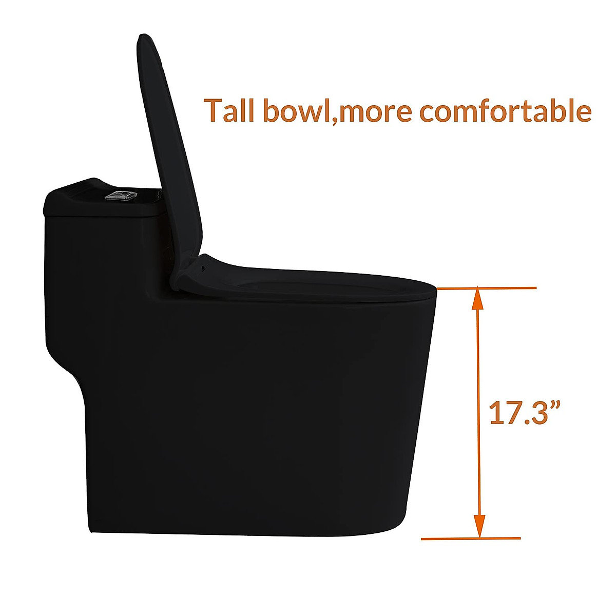 SouNor Matte Black One Piece Toilet Dual Flush 1/1.5 GPF Elongated U Shaped 17.3" Tall Bowl Comfortable For Seniors Elderly Modern 12" rough-in (SN1080B)