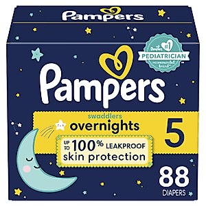 Pampers Overnight Diapers - Swaddlers Overnights - Size 5, 88 Count, Disposable Baby Diaper, Night Time Leak and Skin Protection