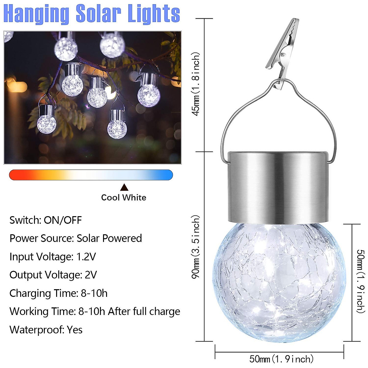 10-Pack Hanging Solar Lights Outdoor, Solar Powered Cracked Glass Ball Light, Decorative Globe Lighting Outdoor Waterproof with Handle for Garden, Tree, Holiday Decoration, Cool White