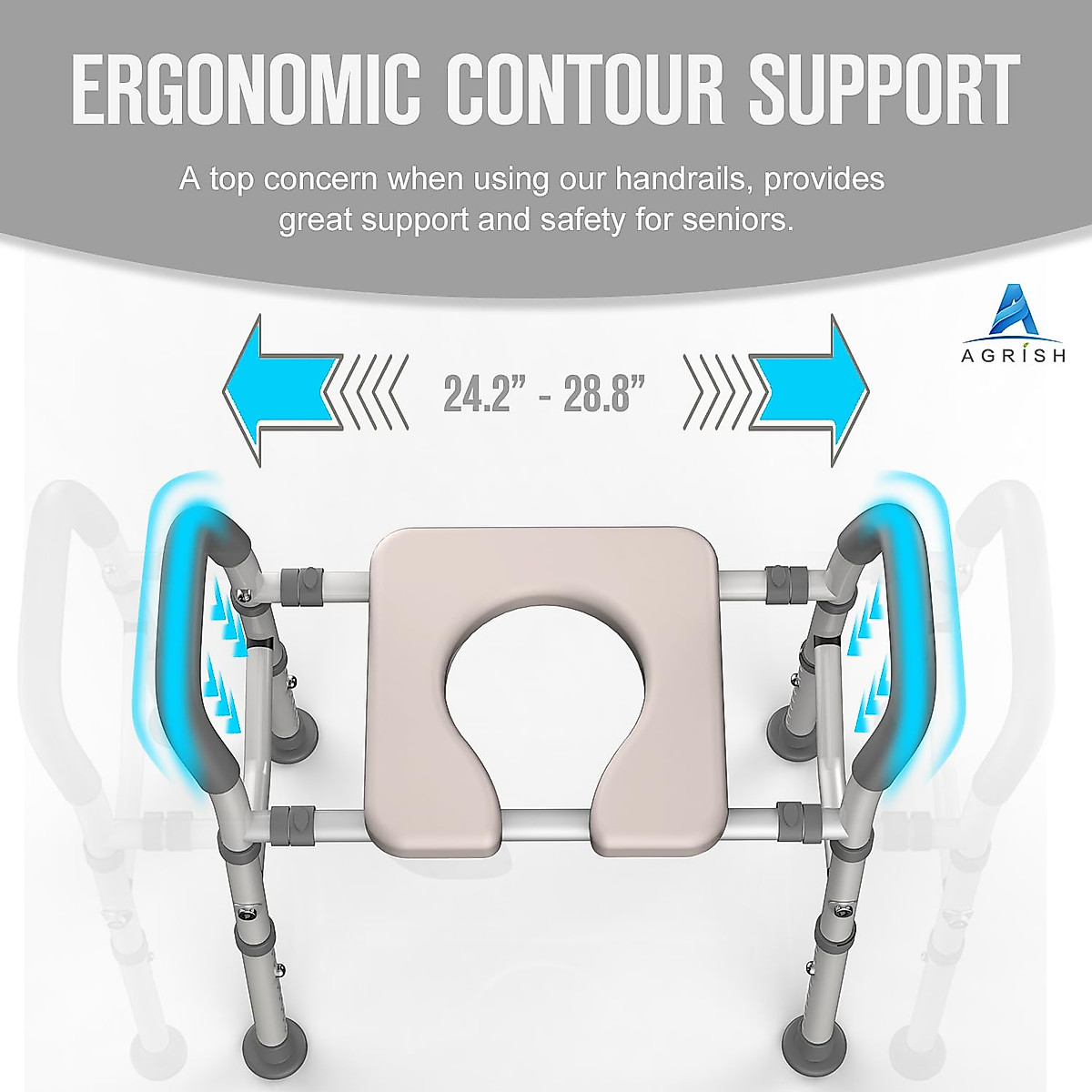 Agrish 3-in-1 Raised Toilet Seat - [Adjustable Width/Height] with Handles, Heavy Duty 400lbs Medical Safety Handrails w/Padded Cushion Seat - Toilet Seat Raisers for Seniors, Handicap, Pregnant