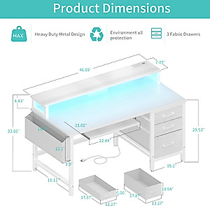Lufeiya White Computer Desk with File Drawers Cabinet, 47 Inch Home Office Desks with Keyboard Tray, Gaming Desk with LED Lights and Power Outlets, Writing Table PC Desks with Monitor Stand, White