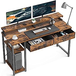 ODK Computer Desk 47" Table: Office Desk with Cloth Drawers & Wood Storage Shelves, Home Work Writing Desk & Large Space Monitor Stand, Rustic Brown