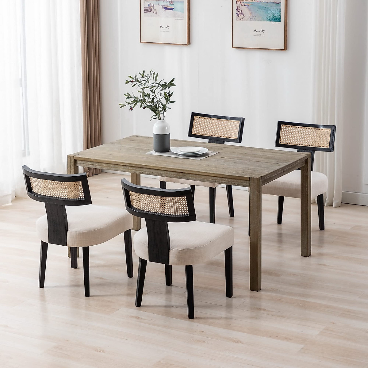 Wahson Set of 4 Cane Back Farmhouse Kitchen & Dining Room Chairs, Retro Linen Upholstered Dining Chair with Black Hardwood Legs, Beige