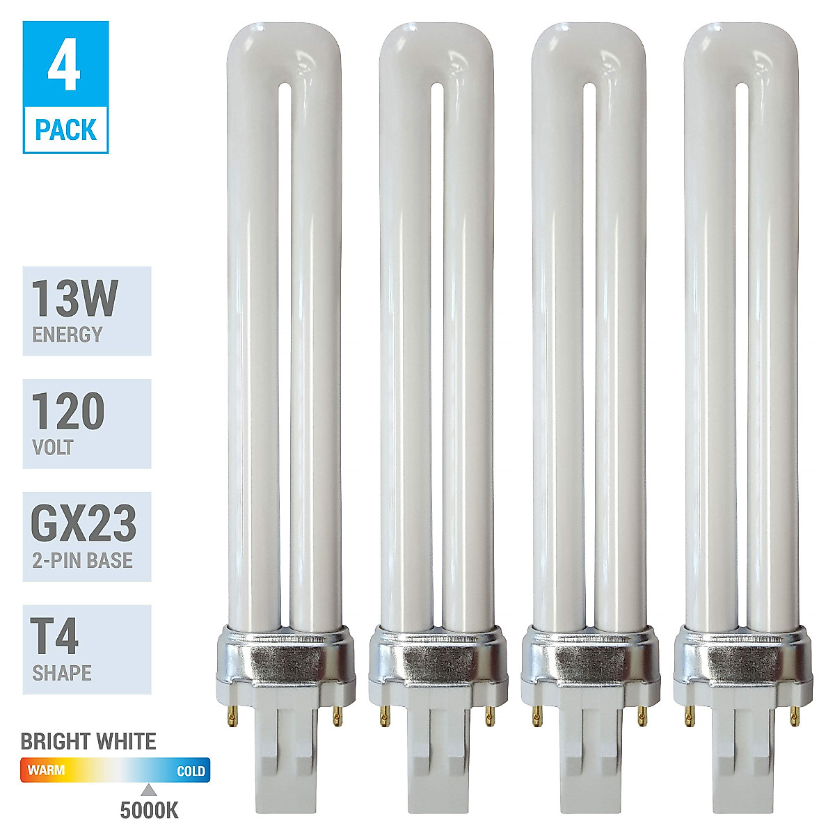 (Pack of 4) 13 Watt Single Tube 2 Pin GX23 Base - 5000K Bright White 50K - CFL Light Bulb - Replacement for Sylvania 21135 CF13DS/850- Philips 146878 PL-S 13W/850 and GE 97572 F13BX/850