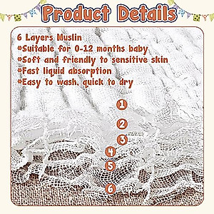 Zainpe 6Pcs Muslin Baby Burp Cloths for Baby Cotton Soft Burping Cloths with 6 Absorbent Layers Drooling Bib Newborn Towel for Unisex Infant Toddler Boys Girls Feeding Teething Sleeping 19.7 X 10.6 in