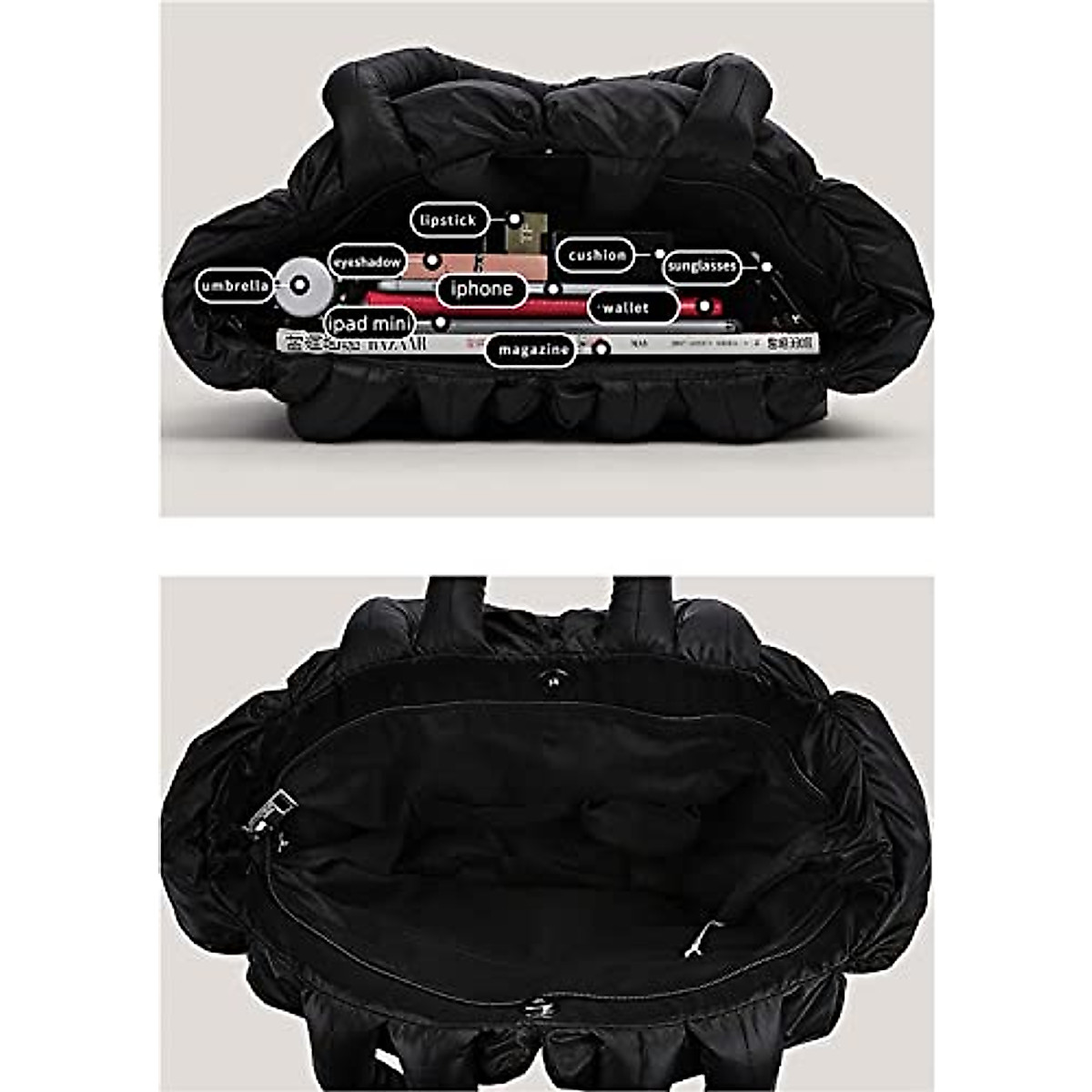 Puffer Tote Bag, Trendy Luxury Chic Quilted Cotton Padded Designer Handbags for Women, Winter Soft Puffer Shoulder Bag. BLACK