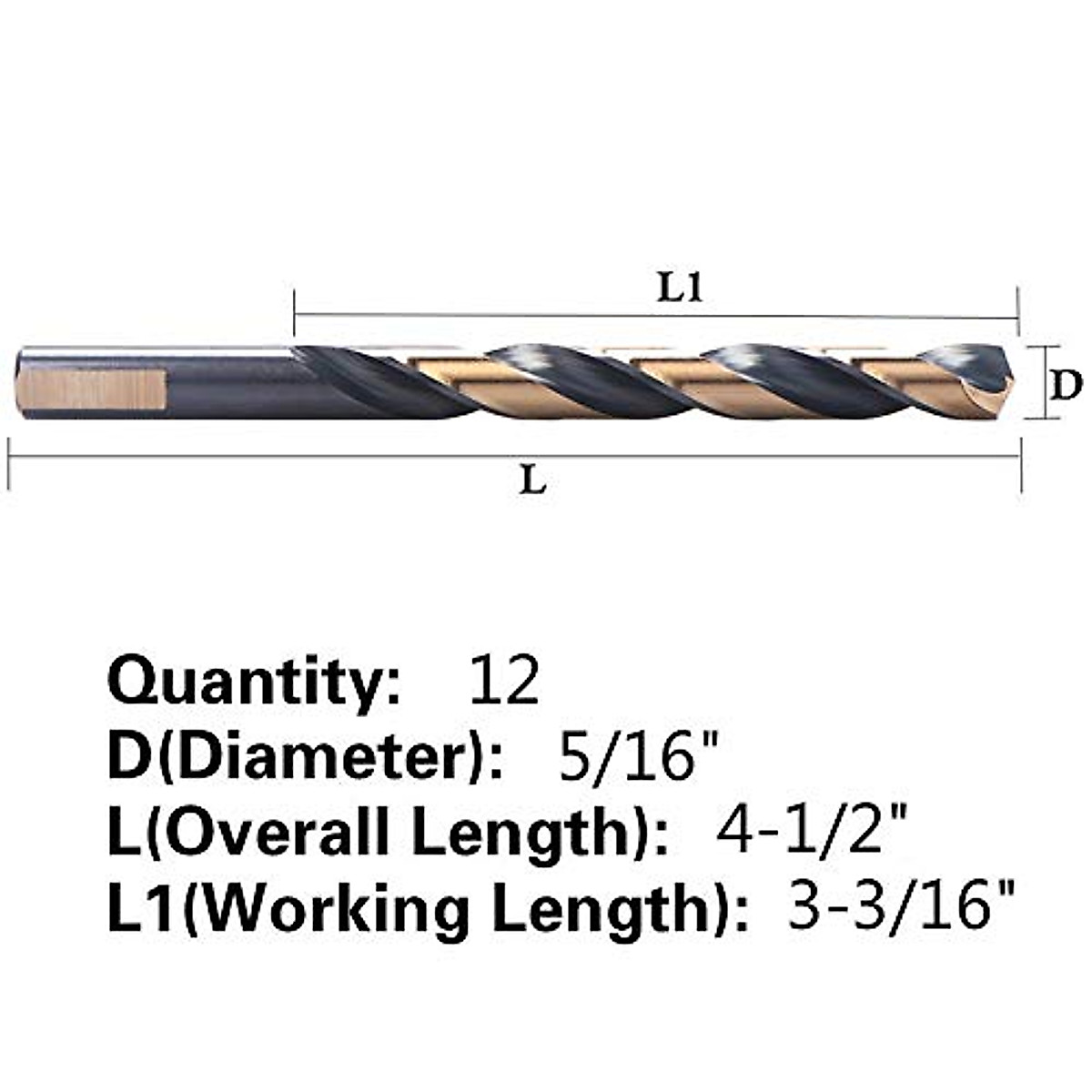 12 PCS 5/16" HSS Black and Gold Coated Twist Drill Bits, Metal Drill, Ideal for Drilling on mild Steel, Copper, Aluminum, Zinc Alloy etc. Pack in Plastic Bag