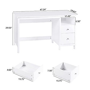 Vikiullf White Writing Desk with Drawers - 47” Modern Home Office Study Computer Desk with Storage Cabinet & Open Shelf, Simple Vanity Table for Bedroom