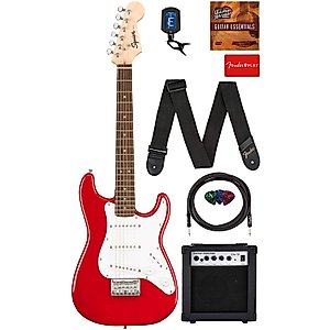 Fender Squier 3/4 Size Kids Mini Stratocaster Electric Guitar Learn-to-Play Bundle with Amp, Cable, Tuner, Strap, Picks, Fender Play Online Lessons, and Austin Bazaar Instructional DVD - Dakota Red