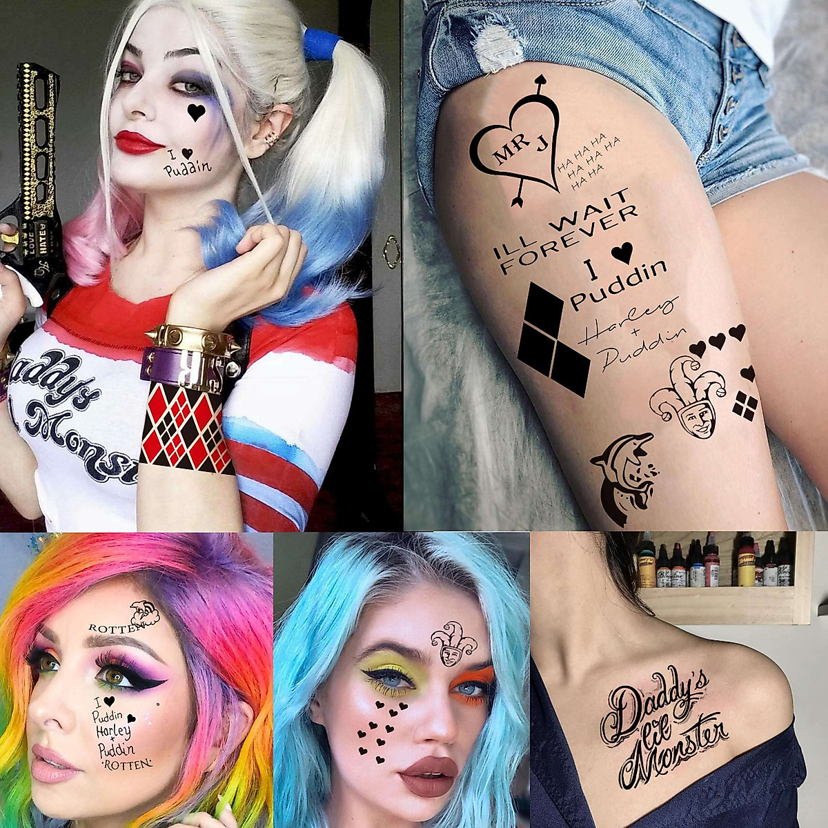 TASROI 5 Sheets Harley Quinn Tattoo Stickers For Women Men Adults, Fake Joker Harley Quinn Tattoos Suicide Squad Birds of Prey Temporary Tattoos Halloween Face Makeup, Harley Quinn Costume Accessories