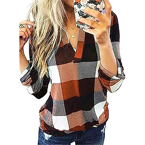 Dokotoo Women's Casual 3/4 Sleeve Plaid V Neck Tunic Top - 2023 Orange