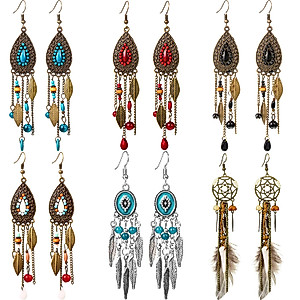 6 Pairs Women Faux Feather Earrings Dream Catcher Earring Bohemian Fringe Tassel Long Drop Dangle Earrings Set with Design for Women (Style 5)