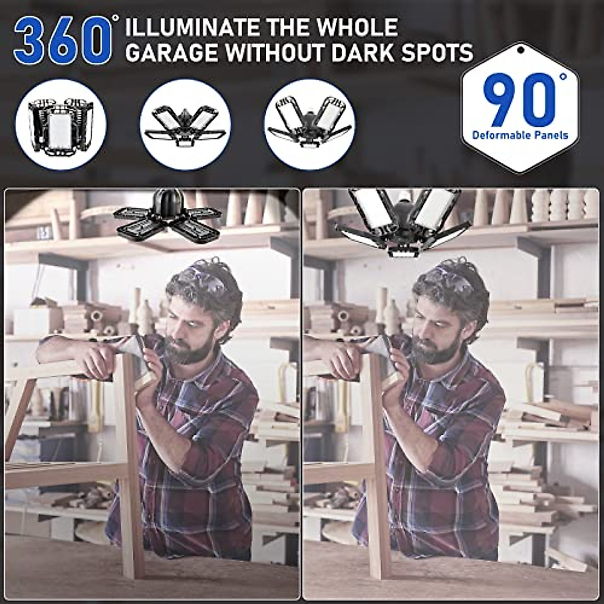 LED Garage Light, Ultra Bright Garage Lights Ceiling Led 360° Illuminator, 100W 12000LM 6500K Deformable LED Garage Ceiling Lights with 5 Adjustable Panels E26/E27 for Garage Basement Bay Workshop