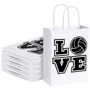 18 Pcs Volleyball Party Treat Bags Volleyball Goody Treat Bag with Handle Black Volleyball Paper Bag Kraft Goodie Candy Bags for Sport Theme Birthday Party Decor (White Backing,Love Style)