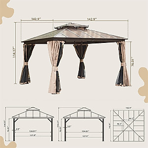 DHPM 12'x12' Hardtop Gazebo, Outdoor Polycarbonate Double Roof Canopy, Aluminum Frame Permanent Pavilion with Curtains and Netting, Sunshade for Garden, Patio, Lawns