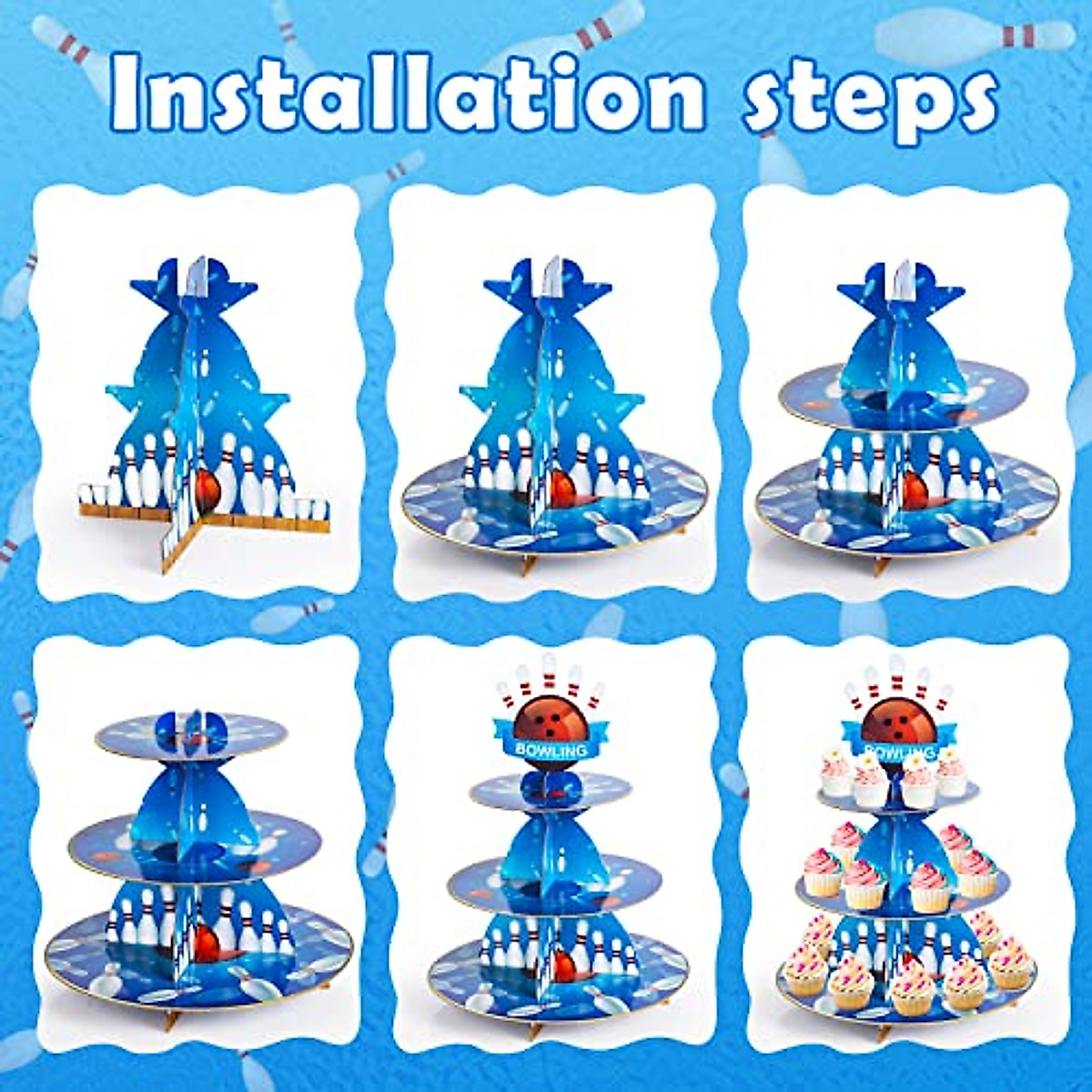 Bowling Party Decorations Cupcake Stand Cardboard 3 Tier Sports Theme Party Cupcake Tower Food Display Dessert Holders Tower Bowling Party Favors for Boy Kids Baby Shower Birthday Party Supplies