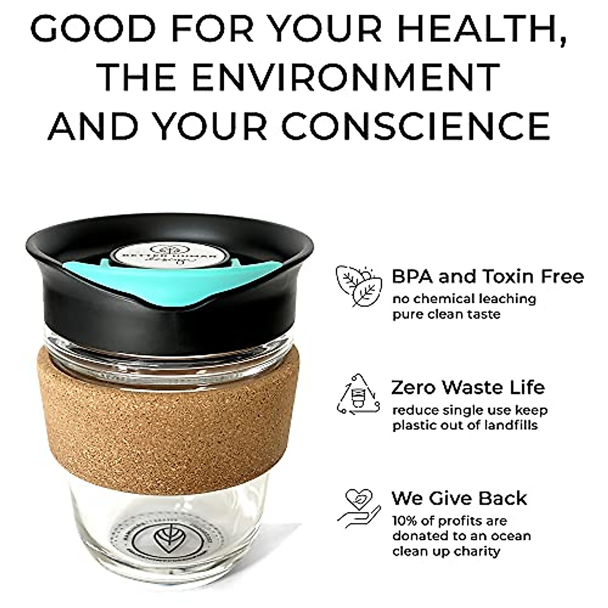 Reusable Glass Cup + Stainless steel Tea Infuser & Twist on Lid - Microwavable Travel Coffee Mug - Cork Sleeve - 18oz Portable Cold Brew maker - Loose Leaf Diffuser + Brewing Tumbler togo