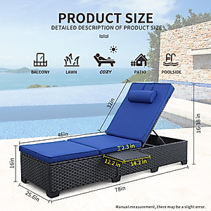 WAROOM Outdoor Chaise Lounge Chair PE Wicker Patio Furniture Set of 2 Black Rattan Pool Lounge Chairs Adjustable Backrest Recliners with Royal Blue Cushion
