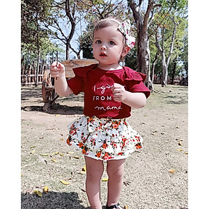 Mioglrie Newborn Baby Girl Clothes Romper Shorts Set Summer Clothes Floral Infant Girl Clothes Ruffle Clothing Wine Red Baby Girl Clothes 3-6 Months