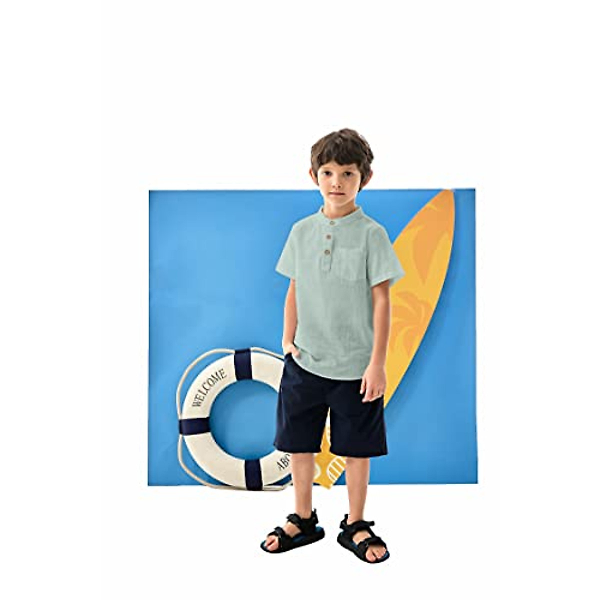 Arshiner Boys Cotton Linen Henley Button Down Shirt Short Sleeve Casual Dress Beach T Shirts with Pocket Light Green