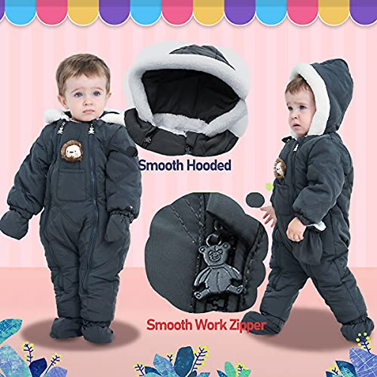 Newest Baby Windproof Snowsuit Animal Pattern Breathable Romper Ear Fleece Hoodie Footie for 18-24M Gray(F1)