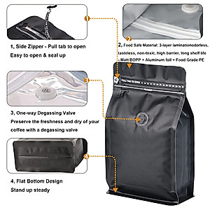 50 Pack Coffee Bags with Aluminum Foil and Degassing Valve, Resealable High Barrier Storage Bags, Odor-Proof for Coffee Beans, Stand Up Coffee Pouch, Flat Bottom (Medium-12OZ, Black)