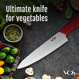 Vos Universal Knife Block and 8 Inch Ceramic Chef Knife Red