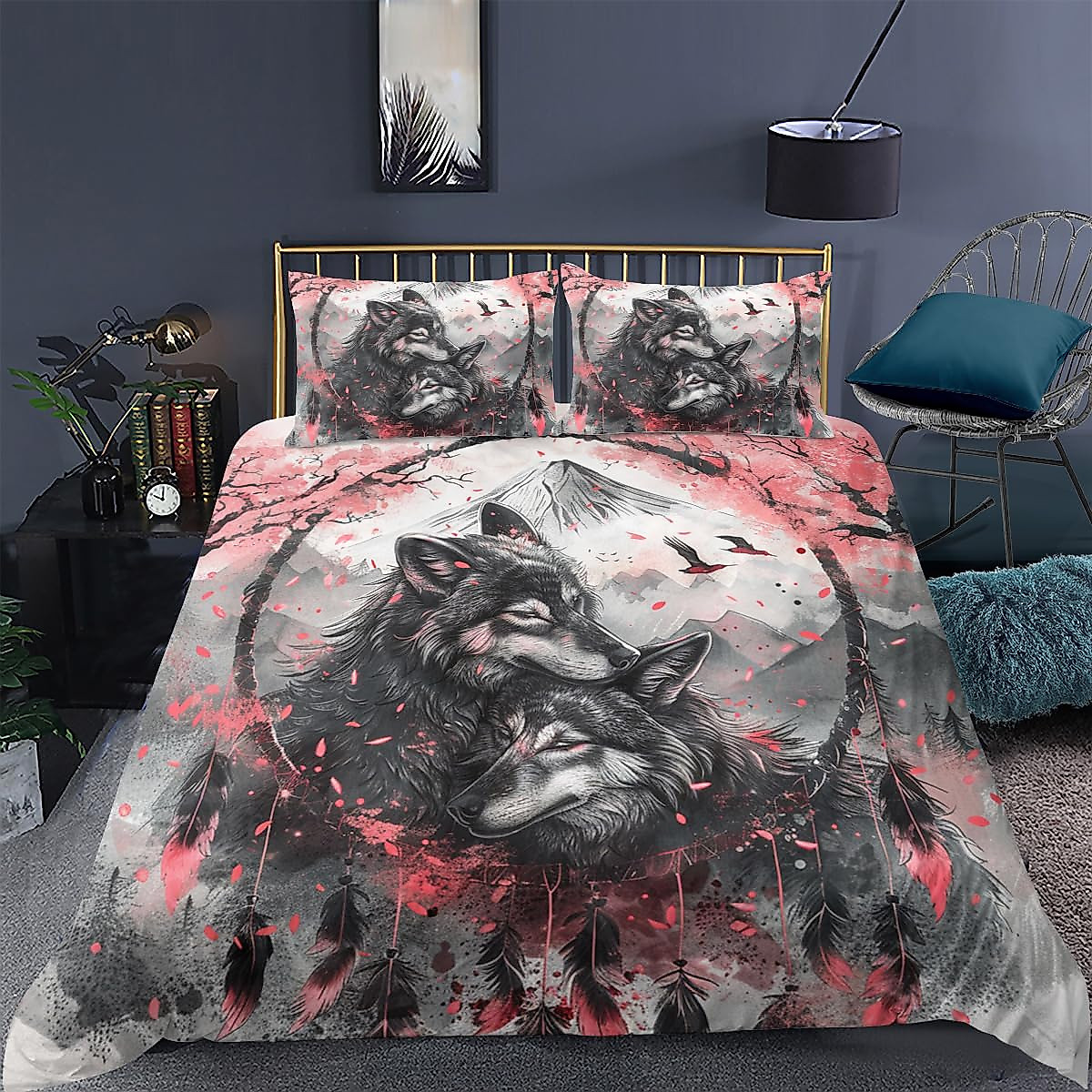 CCoutueChen Wolves Duvet Cover Set King Size Japanese Cherry Blossoms Comforter Bedding Set Retro Animal Duvet Covers for Girls Women Adults Bohemian Dream Catcher Duvet Cover with 2 Pillowcases