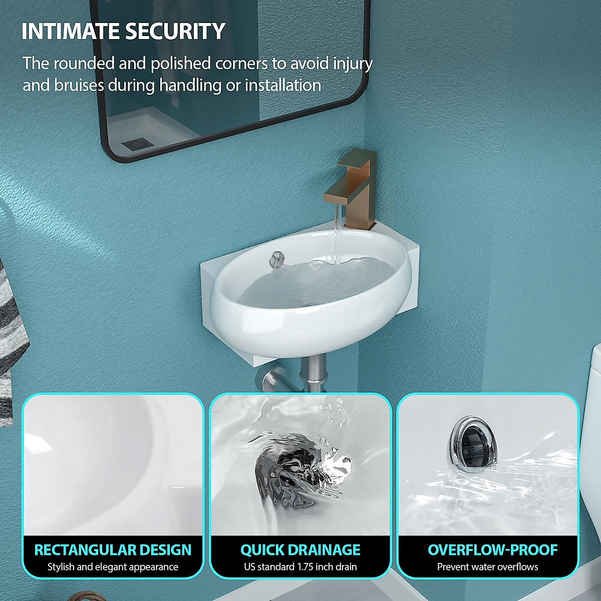 Funmier Wall Mount Vessel Sink Right Hand - 16 x 11 Inch Oval Bowl Rectangular Wall Hung Bathroom Sink Basin White Ceramic Porcelain Modern Floating Vessel Sink