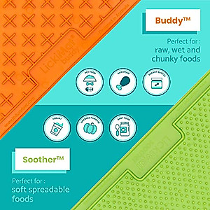 LickiMat Slow Feeder for Dogs, Boredom & Anxiety Reducer; for Food, Treats, Yogurt, or Peanut Butter. Fun Alternative to a Slow Feed Dog Bowl, 2-Pack Classic Dog Buddy & Soother, Green & Orange.