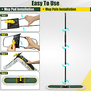 36" Commercial Dust Mop for Floor Cleaning with Replacement Mop Pads, Heavy Duty Industrial Large Floor Wet Dry Mop for Cleaning Office Garage Hardwood Warehouse Factory Mall