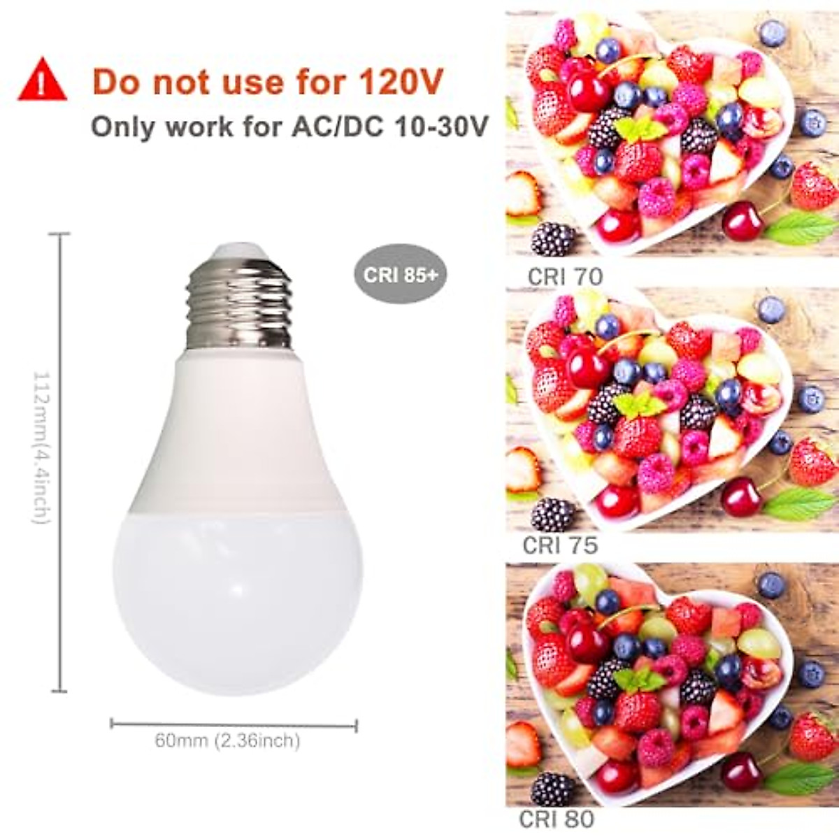 12V LED Light Bulb 7W 630Lm AC/DC10-30Volt Low Voltage E26 Base (2700K Warm White) 40-60 Watt A19 Bulbs Equivalent,Landscape Garden Yard, 12volt Battery Power System Off Grid Solar Lighting,6 Pack