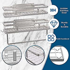 LKKL Shower Caddy Shelves - 5 in 1 Shower Shelf Bathroom Accessories - Bathroom Shelves Wall Mounted Shower Rack Organizer 2 Pack Basket Shelf, 2 Hooks, 1 Towel Holder(Brushed Nickel)