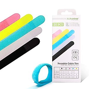 Avantree Pack of 20 Reusable Cord Organizer Keeper Holder, Fastening Cable Ties Straps for Earbud Headphones Phones Electronics Electrical Computer PC Wire Wrap Management, Assorted 3 Size and 5 Color