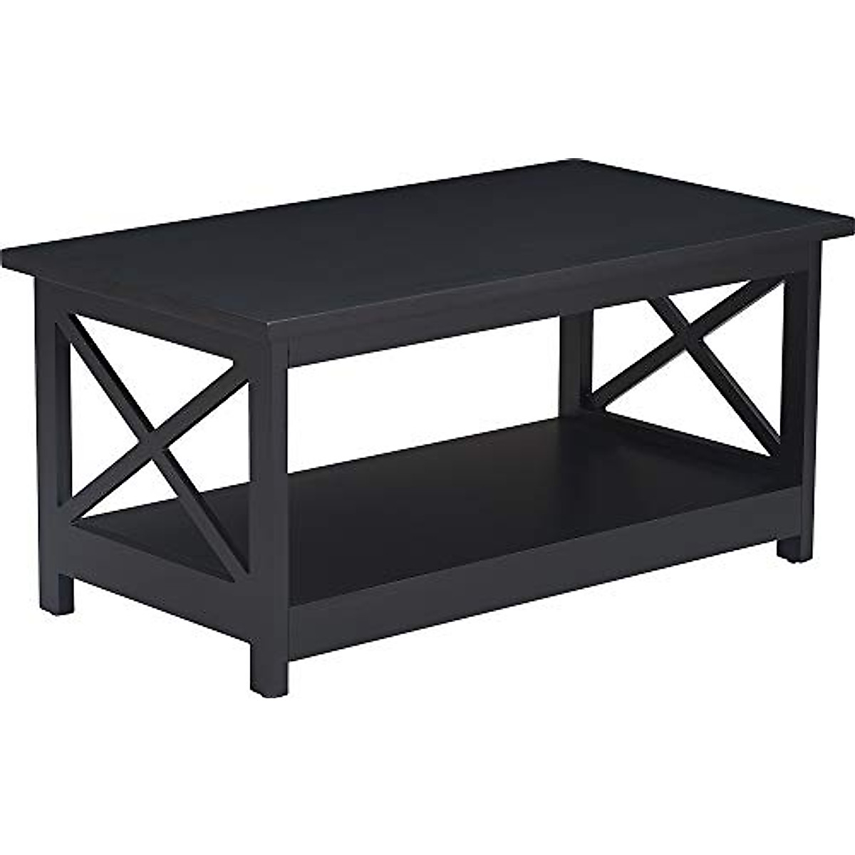 Serta Bismarck Modern Farmhouse Coffee Table with Lower Storage Shelf, Rectangle Tabletop with X-Shaped Lattice, Black