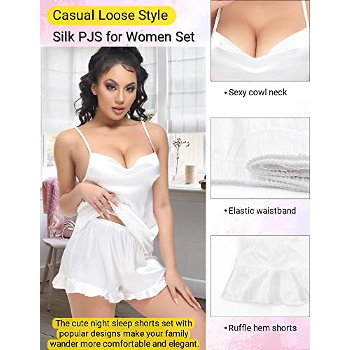 Kwunbwa Women's Sexy Silk Sleepwear Cowl Neck Pajamas Sets Satin Cami Shorts Sleeveless PJ Sets Lingerie, White, Small