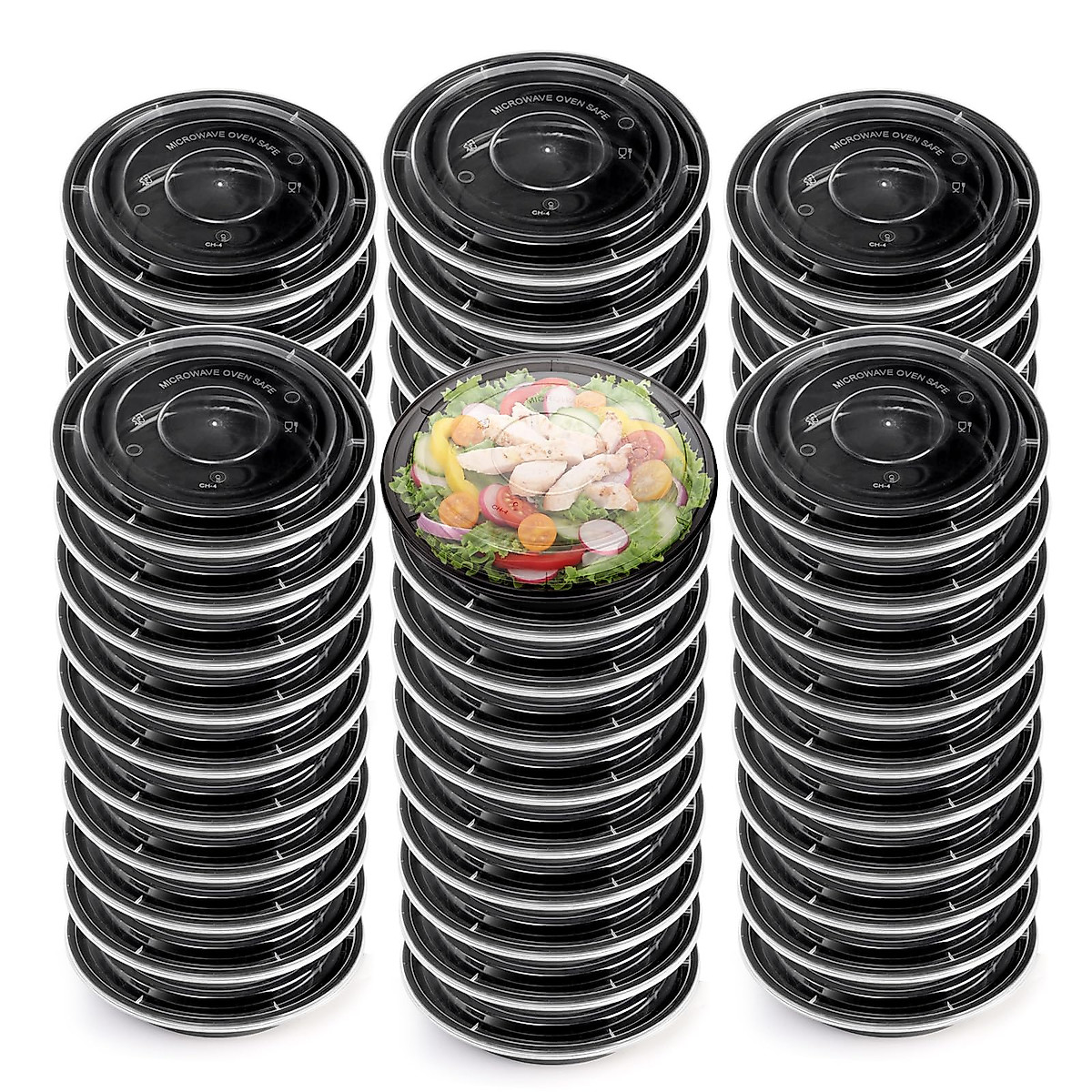 Suwimut 60 Pack Meal Prep Containers for Food Storage, 24 oz Disposable Black Round Plastic Food Containers Lunch Boxes Bowls with Lids, BPA Free Food Grade, Freezer and Microwave Safe