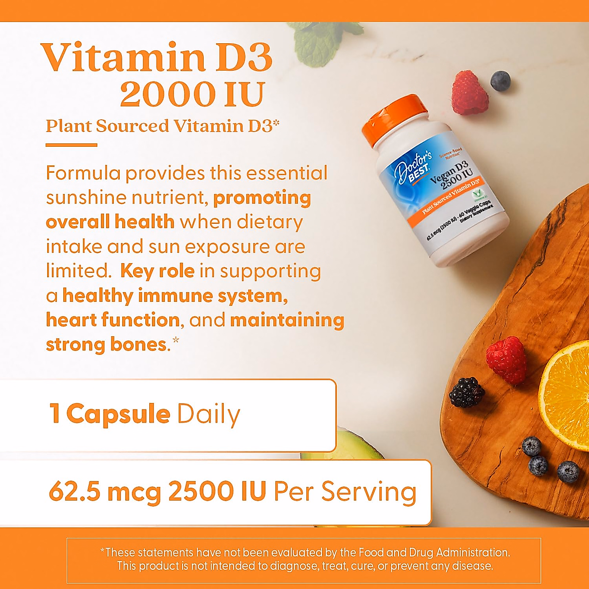 Doctors Best Vegan D3 2500 IU (Vitashine), Plant Sourced Vitamin D3, Non-GMO, Gluten Free, Soy Free, Vegan 60 Veggie Caps