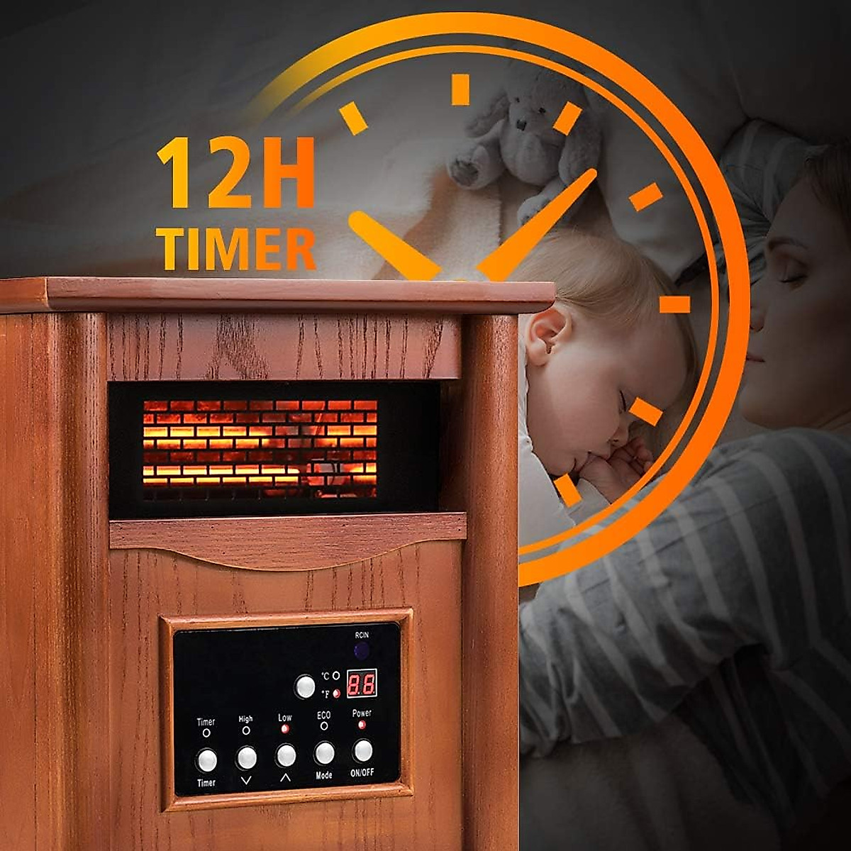 Electric Infrared Space Heater, Quartz Heater for Indoor Use, Tip-Over & Overheat Protection with Remote Control, 3 Heat Settings, 12H Timer, 1500W for Large Room Basement Heating