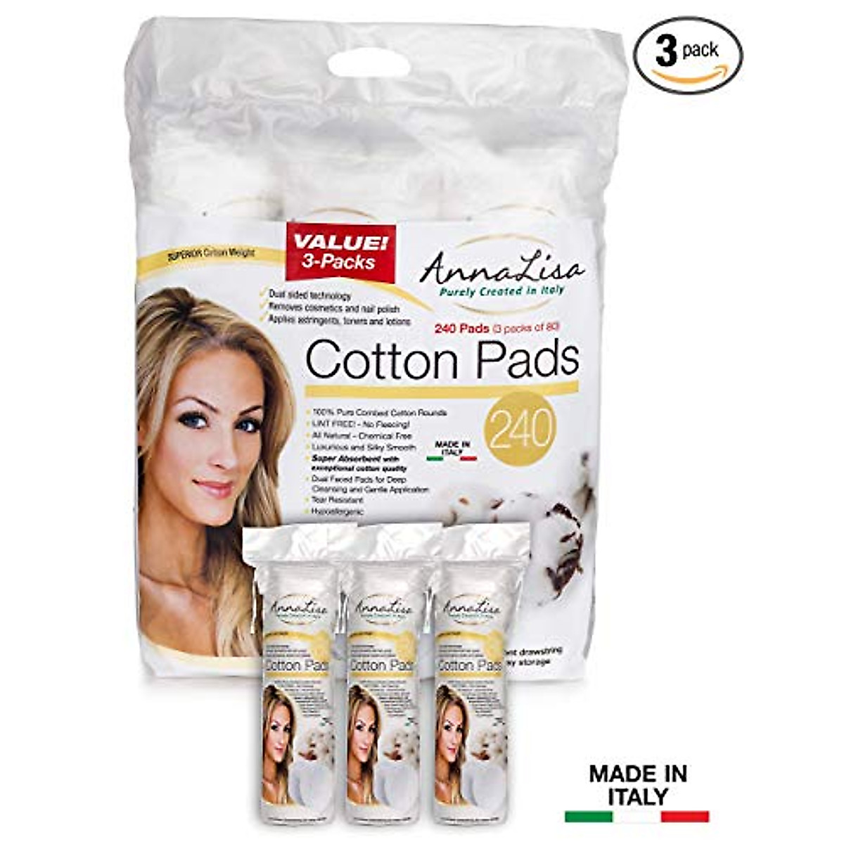 AnnaLisa 100% Pure Combed Cotton Rounds 3 Packs of 80 Hypoallergenic & Absorbing Cotton Pads for Face/Makeup/Nail Polish Removal |240-Piece Italian Round Facial Cleansing|