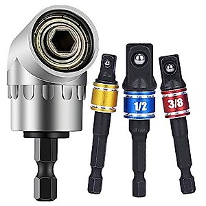 Impact Grade Driver Sockets Adapter Extension Set Drill Bit + Right Angle Driver, 3Pcs 1/4 3/8 1/2" Universal Socket Adapter Set, 105 Degree Right Angle Screwdriver set Drill Hex Bit Socket Adapter