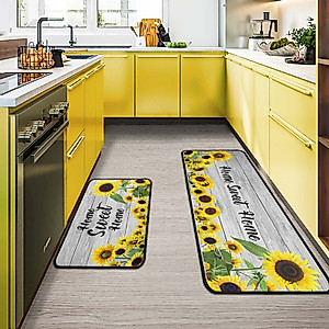 Sunflower Kitchen Rugs 2Pcs Sunflower Home Sweet Home Kitchen Mats for Indoor Farmhouse Decorations Non Slip Washable Standing Kitchen Runner Mats 17"x30"+17"x47"