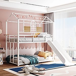 Twin Over Twin Metal Bunk Bed with Slide and Integrated Ladder, Housebed Bunk Bed for Kids Toddlers, Can be Decorated with Mosquito nets (White with White Slide)