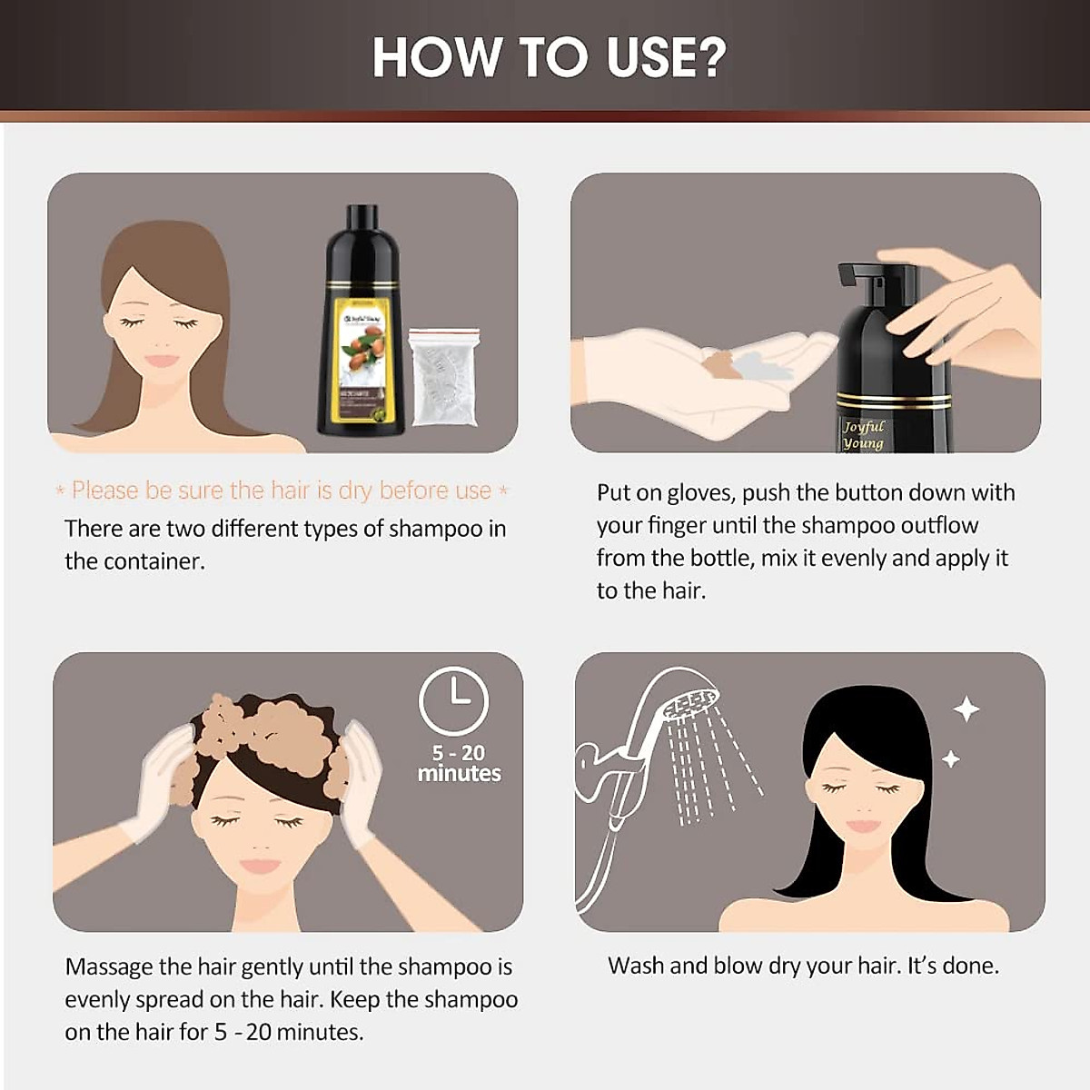 Joyful Young Natural Hair Dye Shampoo - Black - Semi Permanent Hair Coloring Shampoo for Women and Men - Gray Hair Coverage - Color Shampoo Beard Dye - Vegan Ammonia Free Hair Shampoo