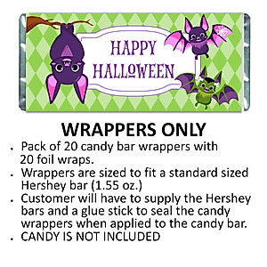Halloween Bat Candy Wrappers, Chocolate Bar Party Favor Labels, Pack of 20