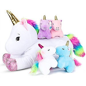 Pegmapri 16inch Unicorn Stuffed Animals PlaySet- Unicorn Doll Toy Gifts for Girls - Stuffed Mommy Unicorn with 4 Baby Plush Unicorns