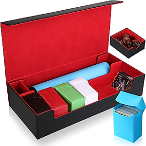 Kigeli Magnetic Card Game Deck Storage Box Fits 5 Decks Card Box with Mat Case and Removable Compartment Playing Deck Cards Box Compatible with MTG TCG Commander Card (Black and Red)